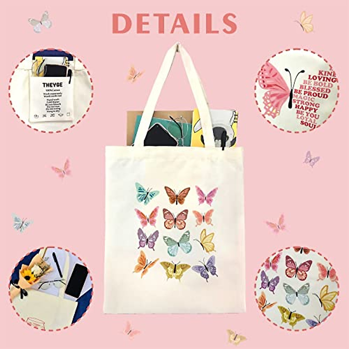 THEYGE Butterfly Cotton Canvas Bag Aesthetic Butterflies Tote Bag for Women Girls Gift Funny Tote Bag Cute Butterfly Theme Reusable Tote Bag Book Tote Shopping Shoulder Bag
