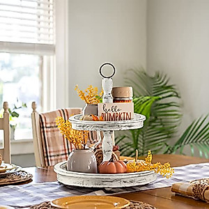 Farmhouse Tiered Tray 2 Tier Tray with Metal Handle, Wooden Tray Tiered Serving Tray for Cake, Fruit, Dessert, White Tray Decorative Tray for Living Room Kitchen Coffee Table Dining Table Centerpiece