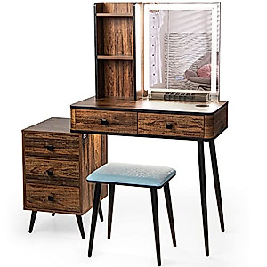 CHARMAID Vanity Set with Dimmable Lighted Mirror, 3 Lighting Modes, Human Body Induction, Side Cabinet, 2 Drawers, Storage Shelves, Cosmetic Tray, Makeup Table Dressing Desk with Stool (Rustic Brown)