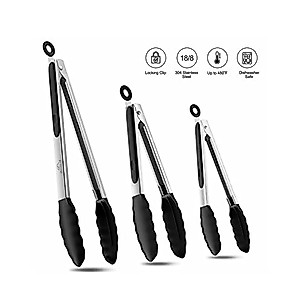 Bnlcd Kitchen Tongs, Premium Stainless Steel Locking Cooking Tongs with Silicone Tips, Non-Slip Food Tongs for Cooking, Heavy Duty, Non-Stick, 480℉, Set of 3-7" 9" and 12" Black