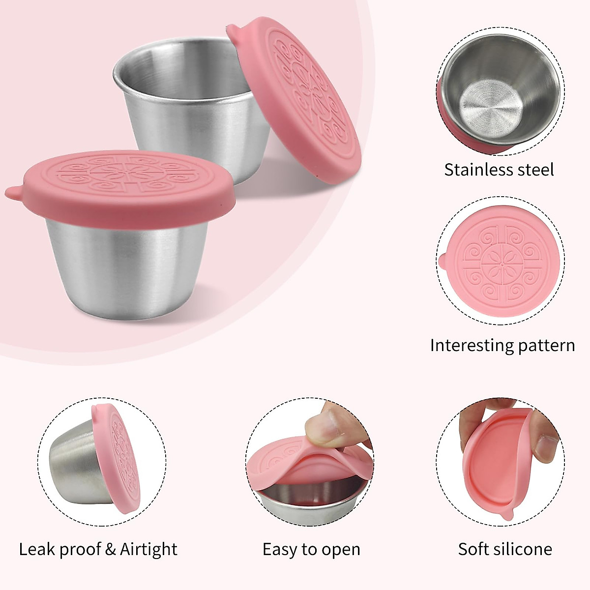 NANSHINE 8pcs Salad Dressing Container To Go, 2.4oz/70ml Stainless Steel Condiment Containers with 4 Colors Silicone Lids, Leakproof Dipping Sauce Cups For Lunch Box, Picnic, Travel