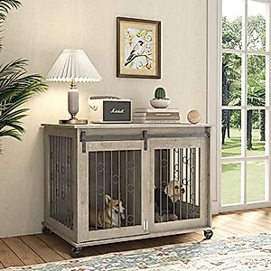 Rophefx Dog Crate Furniture with Sliding Door, Dog Kennel Indoor with Partition for Two Puppies, Dog Cage with Flip-up Top and Wheels, Chew-Resistant Wooden Dog House, Grey