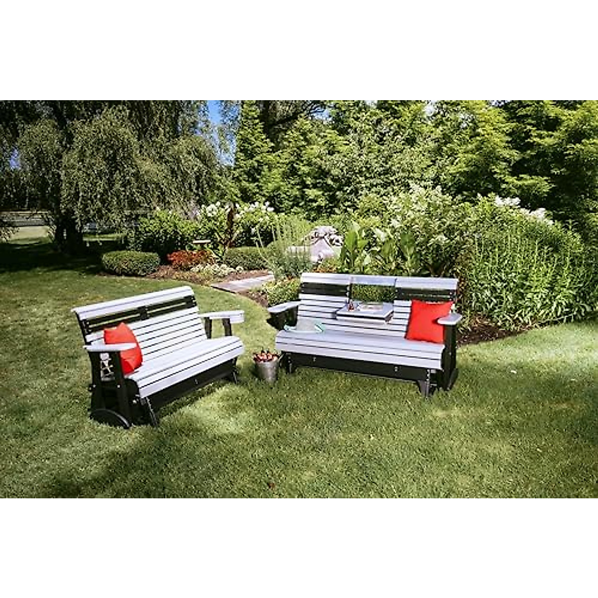 LuxCraft 5' Plain Poly Rollback Balcony Glider with Flip Down Center Console and Built-in Footrest, Seats Up to 3 (Weatherwood & Black)