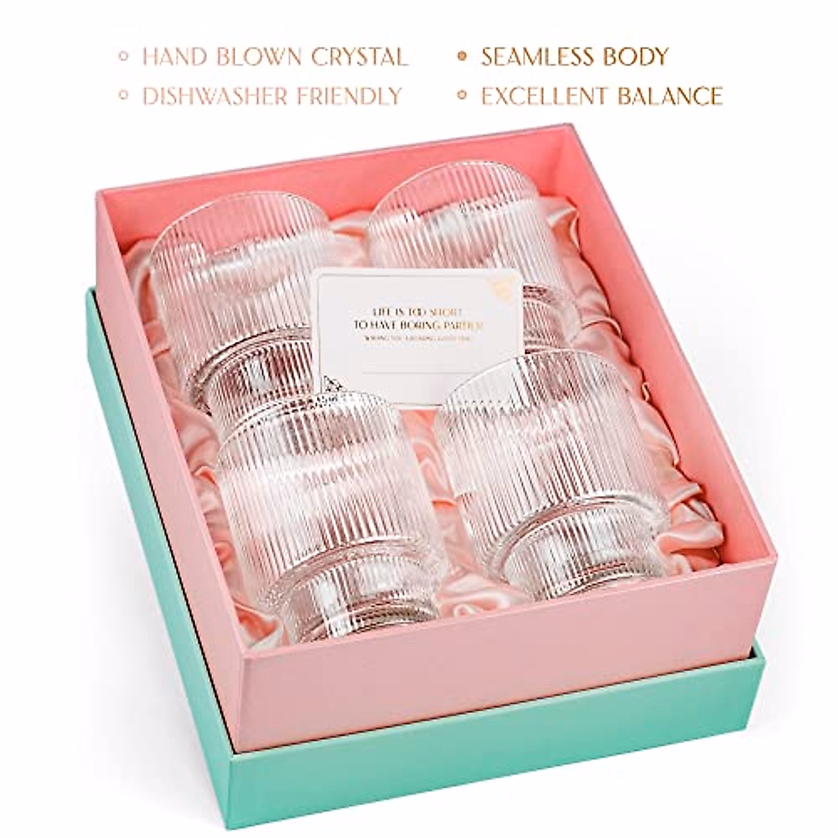 GLASSIQUE CADEAU Vintage Art Deco Ribbed Lowball Cocktail Glasses | Set of 4 | 12 oz Crystal Double Old Fashioned Tumblers for Drinking Classic Whiskey, Gin, Vodka Bar Drinks | Round Glassware