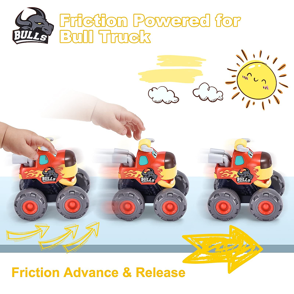 HIEMAO Monster Toy Cars for 1 2 3 4 Year Old Boys, 3 Pack Friction Powered Push & Pull and Go Animal Trucks, Car Toys Vehicles Set for Toddler (Mid Size, Bull/Leopard/Crocodile)