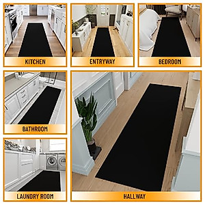 Machine Washable Modern Solid Design Non-Slip Rubberback 2x12 Traditional Runner Rug for Hallway, Kitchen, Bedroom, Living Room, 1'10" x 12', Black