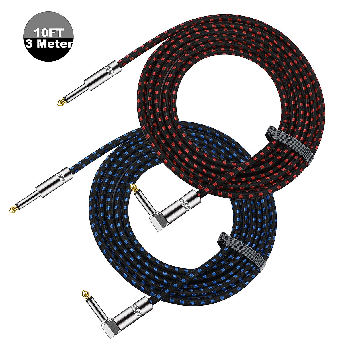 Guitar Instrument Cable 10 Foot 1/4 inch Straight to Right Angle Noise Reduction Audio Cord 6.35 mm for Electric Guitar Bass Keyboard Drum Speaker Microphone 2 Pack
