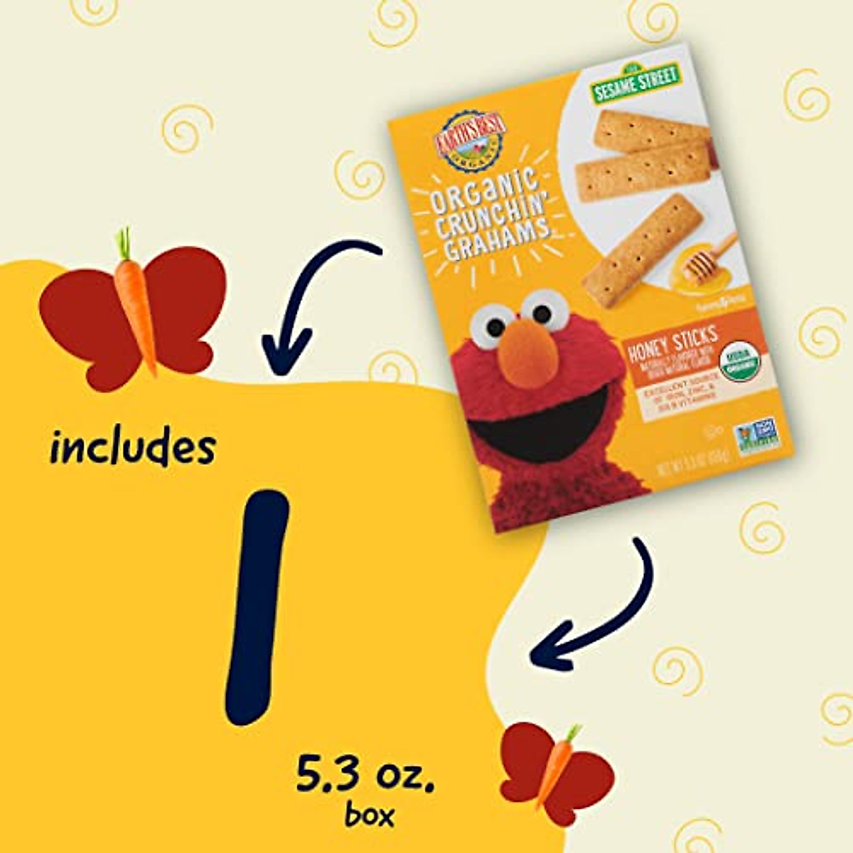 Earth's Best Organic Kids Snacks, Sesame Street Toddler Snacks, Organic Crunchin' Grahams for Toddlers 2 Years and Older, Honey Sticks with other Natural Flavors, 5.3 oz Box