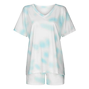 Pottseth Night Shirt For Women Plus Size Tie Dye Printed Casual Outfit Short Lounge Set and Long Pajamas Set Short Sleepwear Loungewear Nightwear Green