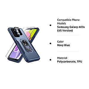 Janmitta Case for Samsung Galaxy A03s with Screen Protector+Camera Lens Protector,Heavy Duty Shockproof Full Body Protective Cover,Built in Finger Ring Stable Holder Kickstand,2022 Navy Blue