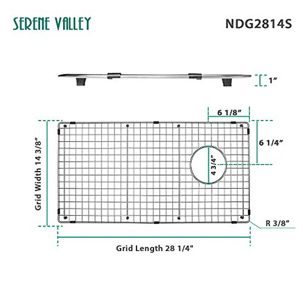 Serene Valley Sink Bottom Grid 28-1/4" x 14-3/8", Side Drain with Corner Radius 3/8",NDG2814S