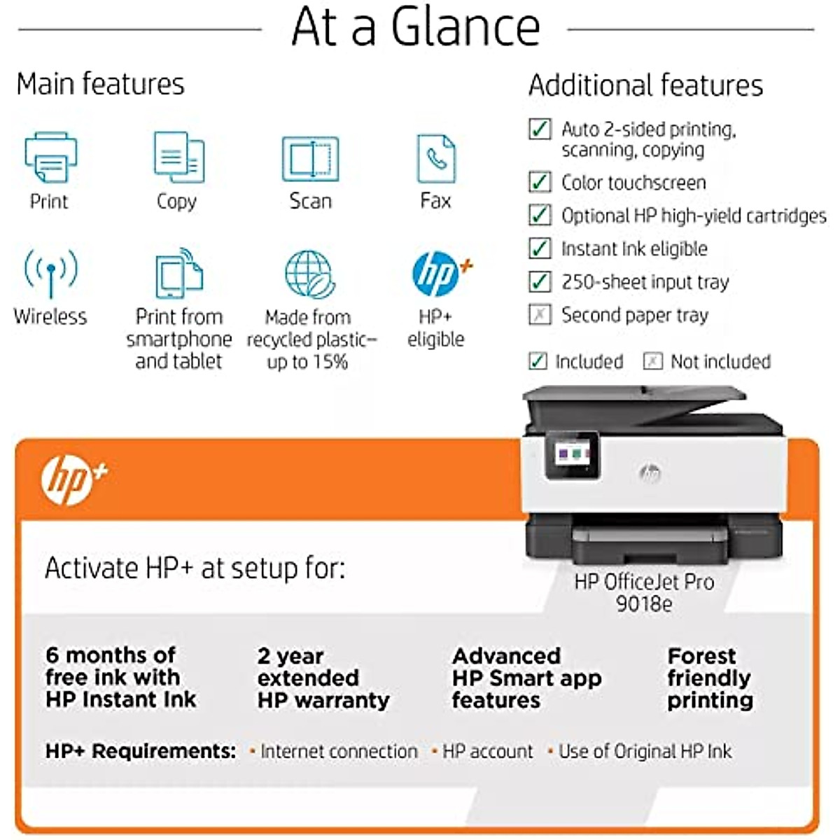HP OfficeJet Pro 9018e All-in-One Wireless Color Inkjet Printer - Print Scan Copy Fax - 22 ppm, 4800 x 1200 dpi, 512MB Memory, 35-Sheet ADF, Auto 2-Sided Printing, Ethernet (Renewed)