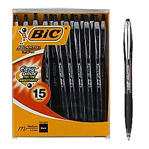 BIC Atlantis Retractable Ballpoint Pen, 1.0mm, Medium Point, Black Ink, Pack of 15