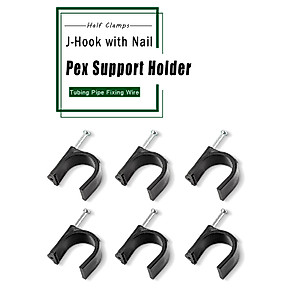 Rierdge 100 Pieces Half Clamps J-Hook with Nail, 1/2 & 3/4 Inch Black Pex Support Holder for Tubing Pipe Fixing Wire 12mm & 20 mm