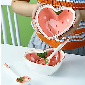ENPAP Strawberry-shaped heart-shaped ceramic bowl, sturdy salad bowl, for cereals, salads, soups, salads and ceramic lettuce, for oatmeal, ceramic (pink)
