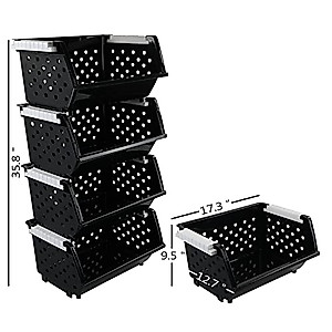Wekioger 4 Pack Plastic Stackable Storage Baskets, Large Stacking Bins for Organizer, Black
