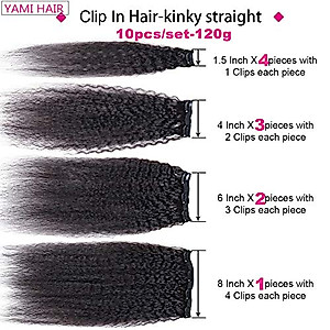 YAMI Kinky Straight Clip In Hair Extensions for Black Women Human Hair Clip in Extensions 10Pcs Brazilian Virgin hair Extensions Clip in Human Hair with Triple Weft 120g （10inch）