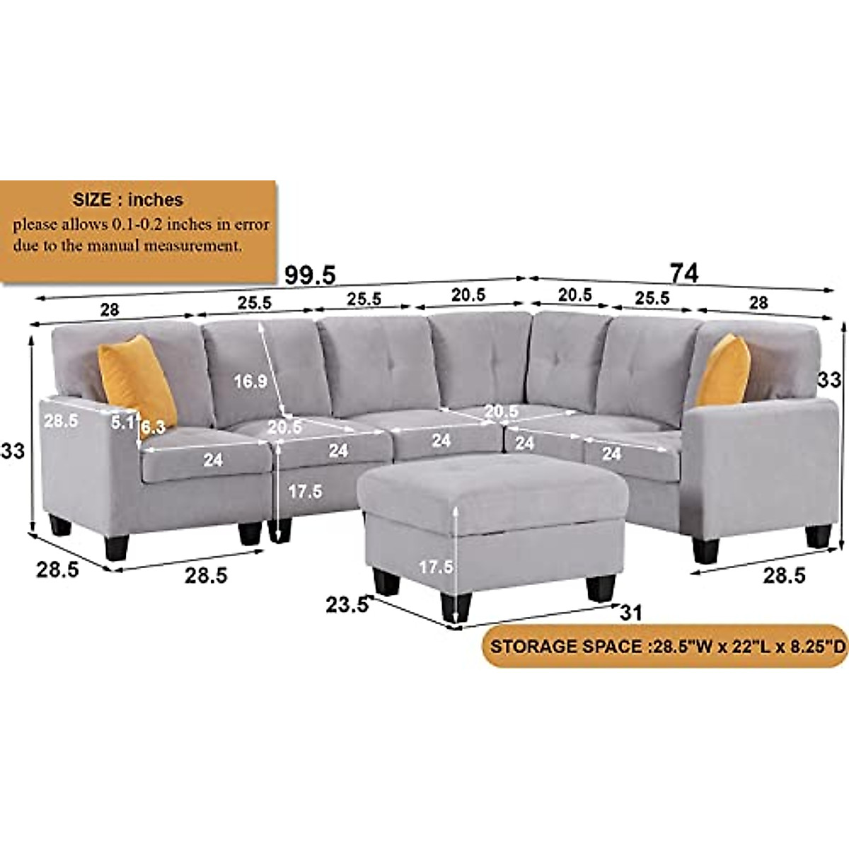 asunflower Modular Sectional Sofa with Storage Ottman 6 Seater Modular Couch Furniture Set for Living Room Velvet Corner Sectional Couch for Home & Office, Small Spaces, Grey