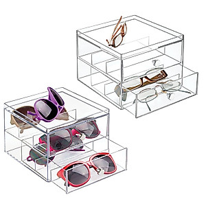 mDesign 2 pc. Set Stackable Eyeglass Organizer Holder for Sunglasses, Eyeglasses, Reading Glasses - 2 Divided Drawers, Clear