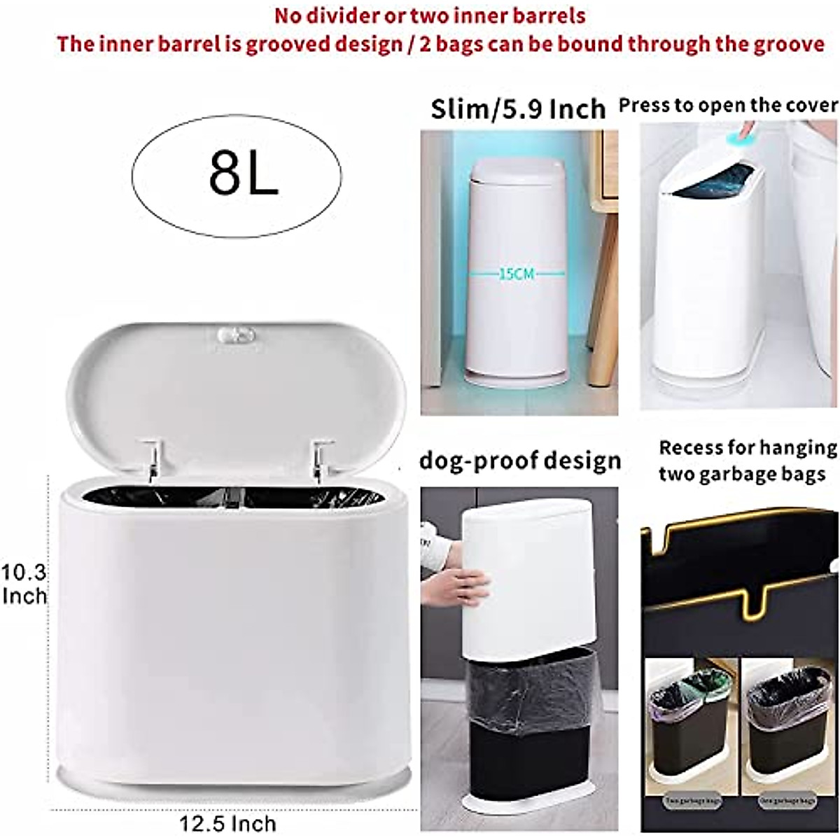 10 Liter Plastic Trash Can with Press Top Lid for Bathroom,White 2.6 Gallon Dog Proof Garbage Can,Narrow Toilet Waste Basket and Covered Wastebasket for Room Bedroom Kitchen,Office and Dorm,Pack of 1