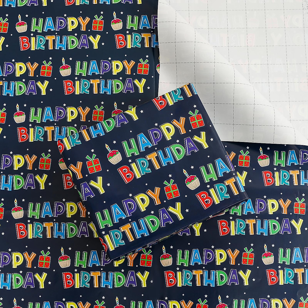 BULKYTREE Birthday Wrapping Paper with Cut Lines for Boys Girls Kids Men Women Holiday Birthday Theme Party - 3 Large Sheets Colorful Cake Happy Birthday Gift Wrap - 27 Inch X 39.4 Inch Per