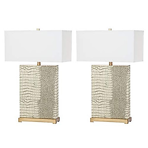SAFAVIEH Lighting Collection Joyce Modern Art Deco Cream Faux Snakeskin Rectangle Shade 28-inch Bedroom Living Room Home Office Desk Nightstand Table Lamp Set of 2 (LED Bulbs Included)