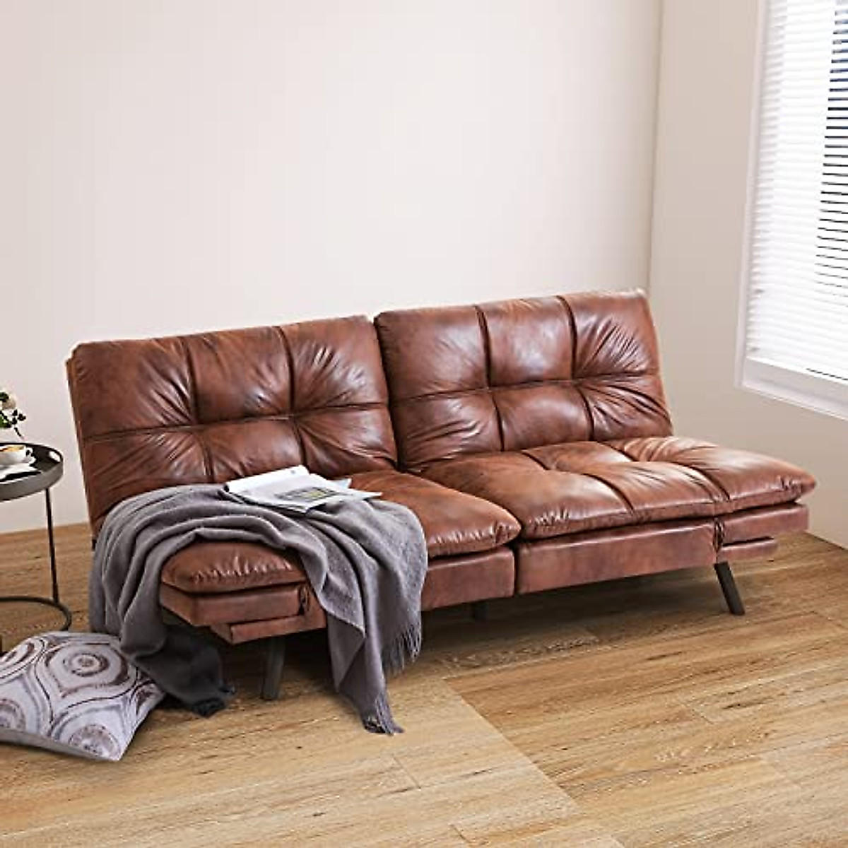 Vyfipt Futon Sofa Bed/Couch, Memory Foam Small Splitback Sofa for Living Room,Modern Loveseat with Covertible Armrests,71" L,Faux Leather/3" Cushion Thicker Version/Brown