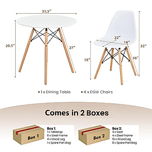 LDAILY Moccha Dining Table Set for 4, 5-Piece Kitchen Table Set with Round Dining Table & 4 Chairs, Breakfast Set with Solid Wood Legs, Modern Space-Saving Dinette Set for Dining Room, Kitchen, White