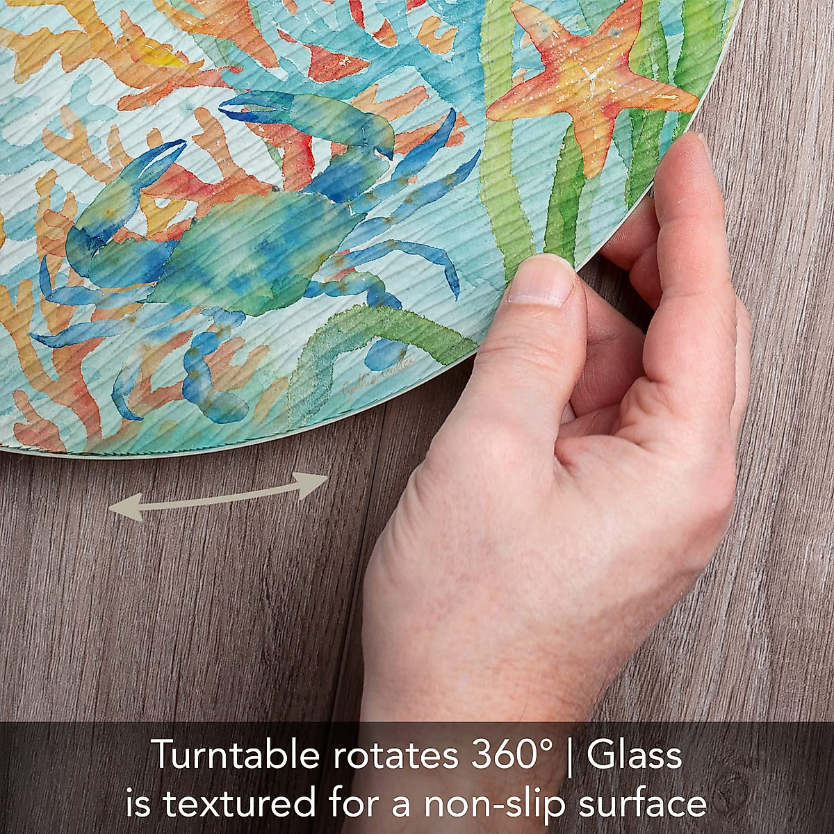 CounterArt Sea Life Serenade 4mm Heat Tolerant Tempered Glass Lazy Susan Turntable 13" Diameter Cake Plate Condiment Caddy Pizza Server