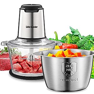Liebe&Lecker Food Processor, Electric Food Chopper with 2 Bowls 8 Cup and 8 Cup, Meat Grinder with 4 Large Sharp Blades for Fruits, Meat, Vegetables, Baby Food, Nuts, 2 Speed, 350W