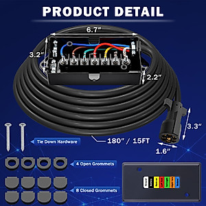 CheeMuii 15 FT Trailer Wiring Harness Kit Heavy Duty 7 Way Trailer Cord with 7 Pin Trailer Plug and Junction Box Kit Premium Light and Brake Wiring Wires for Trailer RV