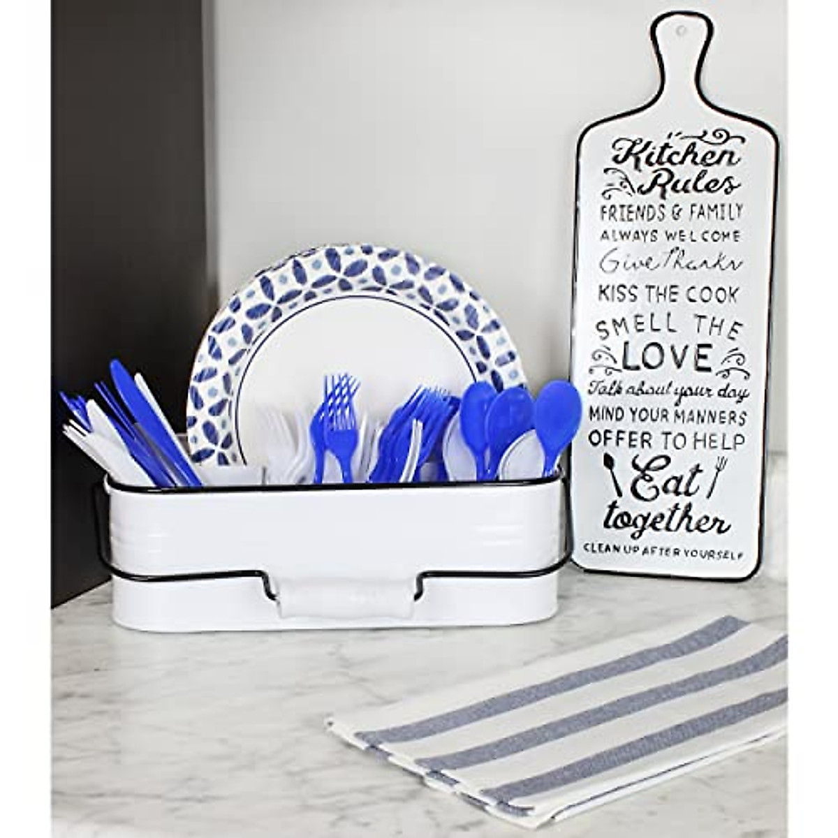 AuldHome Large Rustic Caddy; 4-Section White Enamelware Farmhouse Style Organizer with Handle