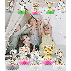 9Pcs Jungle Animals Honeycomb Centerpieces, Safari Baby Shower Table Decorations for Girls Kids, Safari Jungle Themed Birthday Party Suppiles, Wild One Birthday Party Decorations