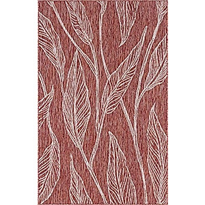 Unique Loom Outdoor Botanical Collection Area Rug - Leaf (5' 1" x 8' Rectangle, Rust Red/ Gray)