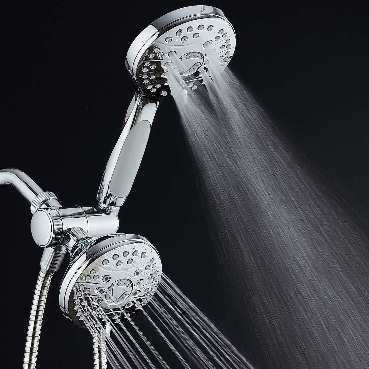 AquaSpa High Pressure 48-mode Luxury 3-way Combo – Dual Rain & Handheld Shower Head – Extra Long 6 Foot Stainless Steel Hose – Anti Slip Grip – All Chrome Finish – Extra Wall Bracket