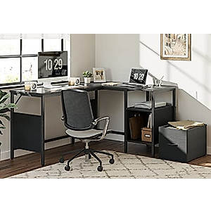 CubiCubi L Shaped Desk with Shelves, 59.1 Inch Corner Computer Desk, Home Office Gaming Writing Workstation with Large Non-Woven Drawer, Black