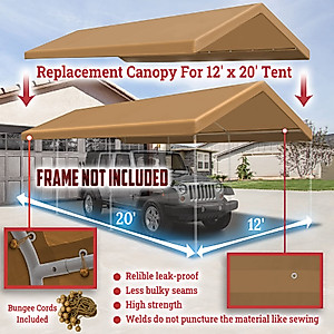 BenefitUSA 12'x20' Upgraded Carport Canopy Tent Garage Replacement Car Shelter Cover with Bungees,Frame is not Included (Tan)