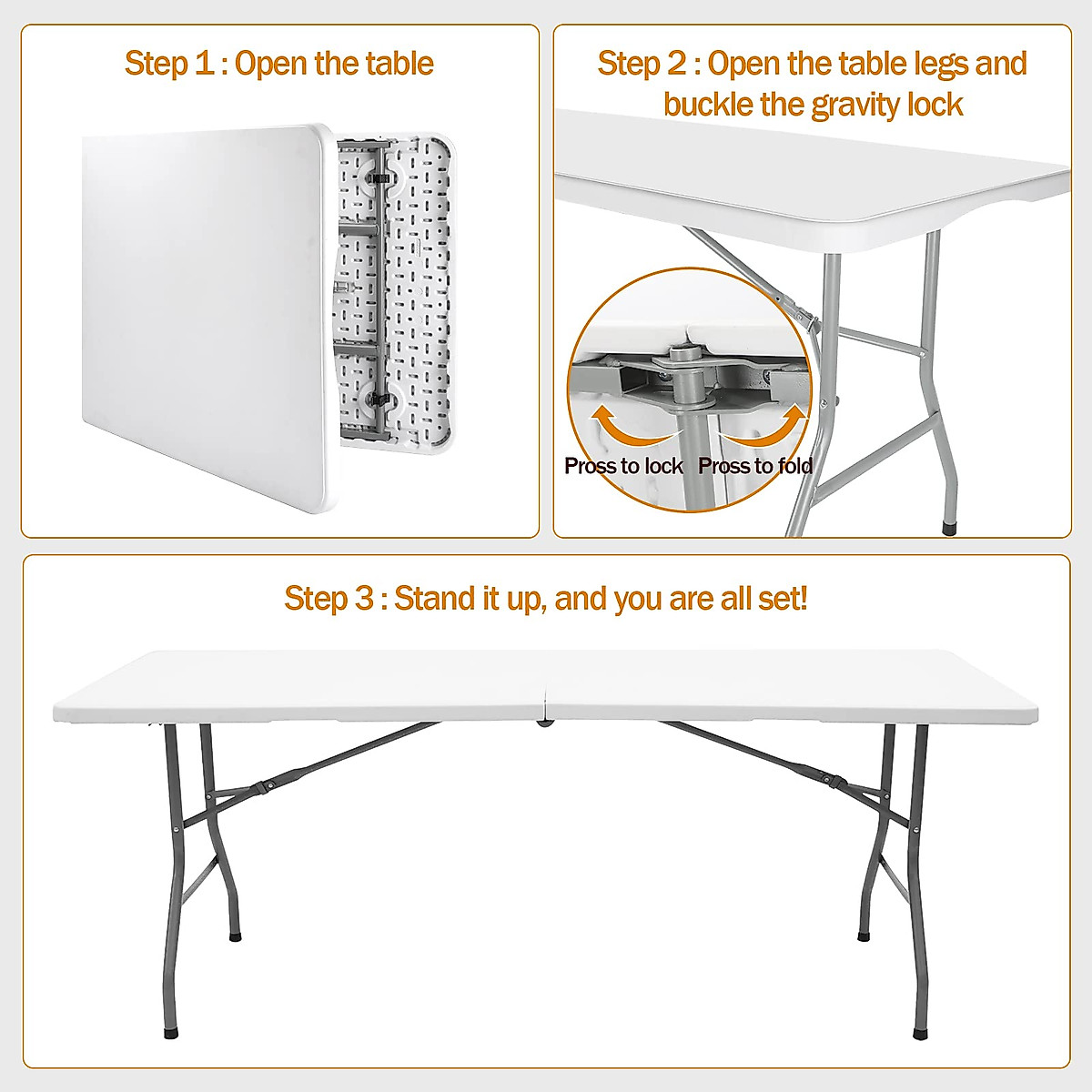 ANJONG ANJ 6FT Dining Table, Foldable Plastic Utility Table, Indoor Outdoor Camping, Picnics and Parties, White, Load Capacity 330 lbs