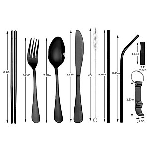Portable Travel Silverware Set with Case, Reusable Camping Eating Utensils Set, Stainless Steel Cutlery Set for 1, Knife Fork Spoon Chopsticks (9 pieces black)