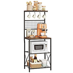 Gewudraw Kitchen Bakers Rack, Microwave Stand 4 Tiers, Kitchen Storage Rack with 4 Hooks - Rustic Brown (No Power Outlets)