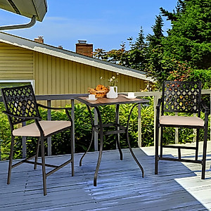 Tangkula 3 Piece Patio Bar Bistro Set, Outdoor Bar Height Stool & Table, Ergonomic Seat with Comfortable Cushion, Reinforced Steel Structure, Outside Dining Set for Poolside, Backyard (Beige)