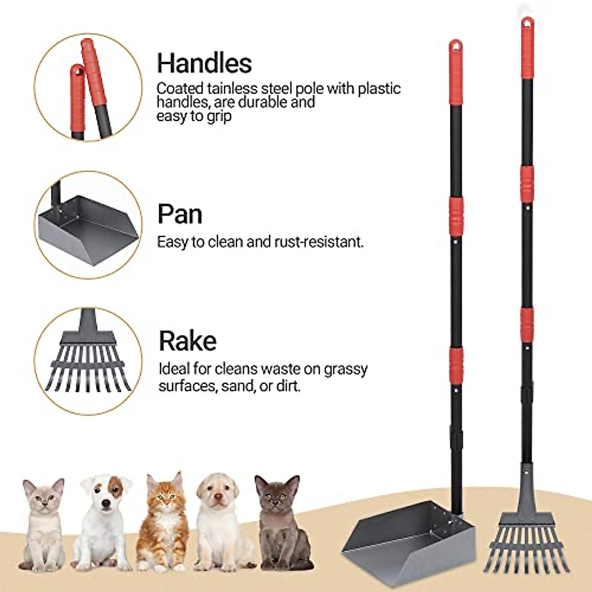 Heeyoo Dog Pooper Scooper, Dog Poop Tray and Rake Set, Pet Waste Removal Scoop with Long Adjustable Sectional Stainless Handles, 2 Pack