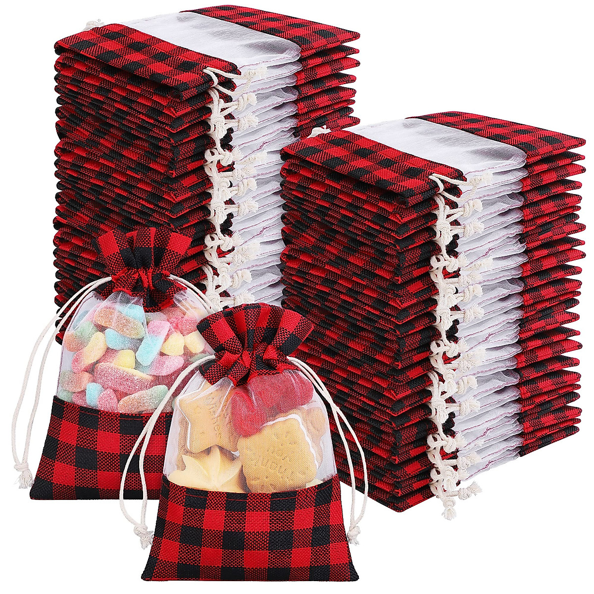 MIMIND 48 Pack Christmas Linen Burlap Sheer Bags with Drawstring Red and Black Buffalo Plaid Burlap Organza Bags Small Drawstring Burlap Gift Bag for Xmas Wedding Birthday Party Favors, 4 x 6 Inch
