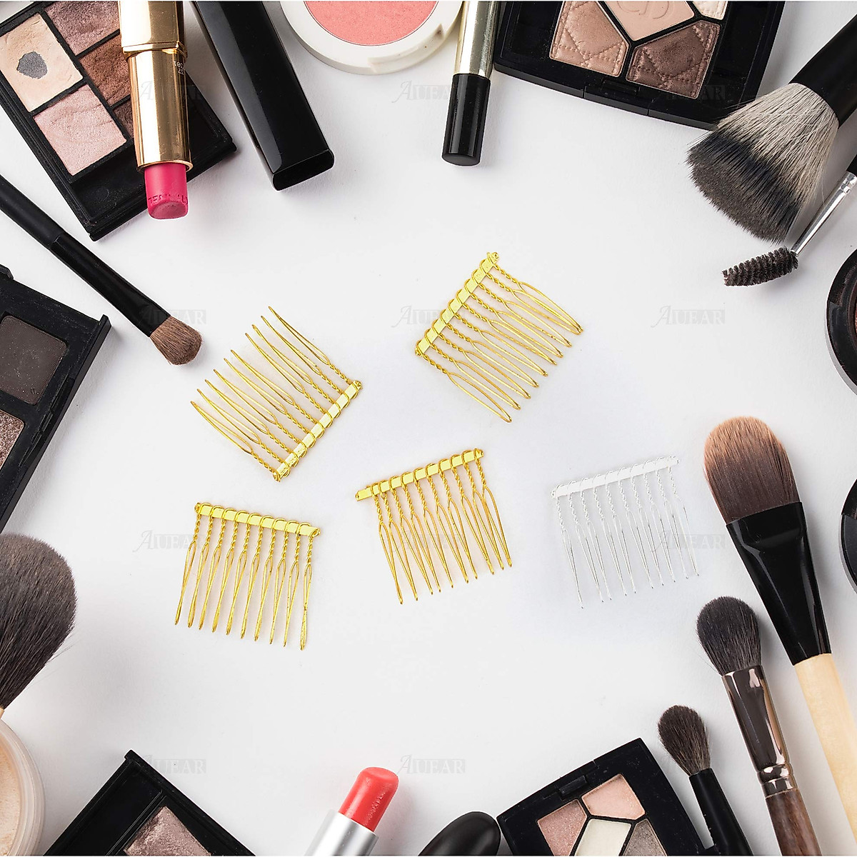 AUEAR, 20 Pack 10 Teeth Metal Veil Comb Hair Wire Clips Twist Bridal Wedding Combs Silver Gold