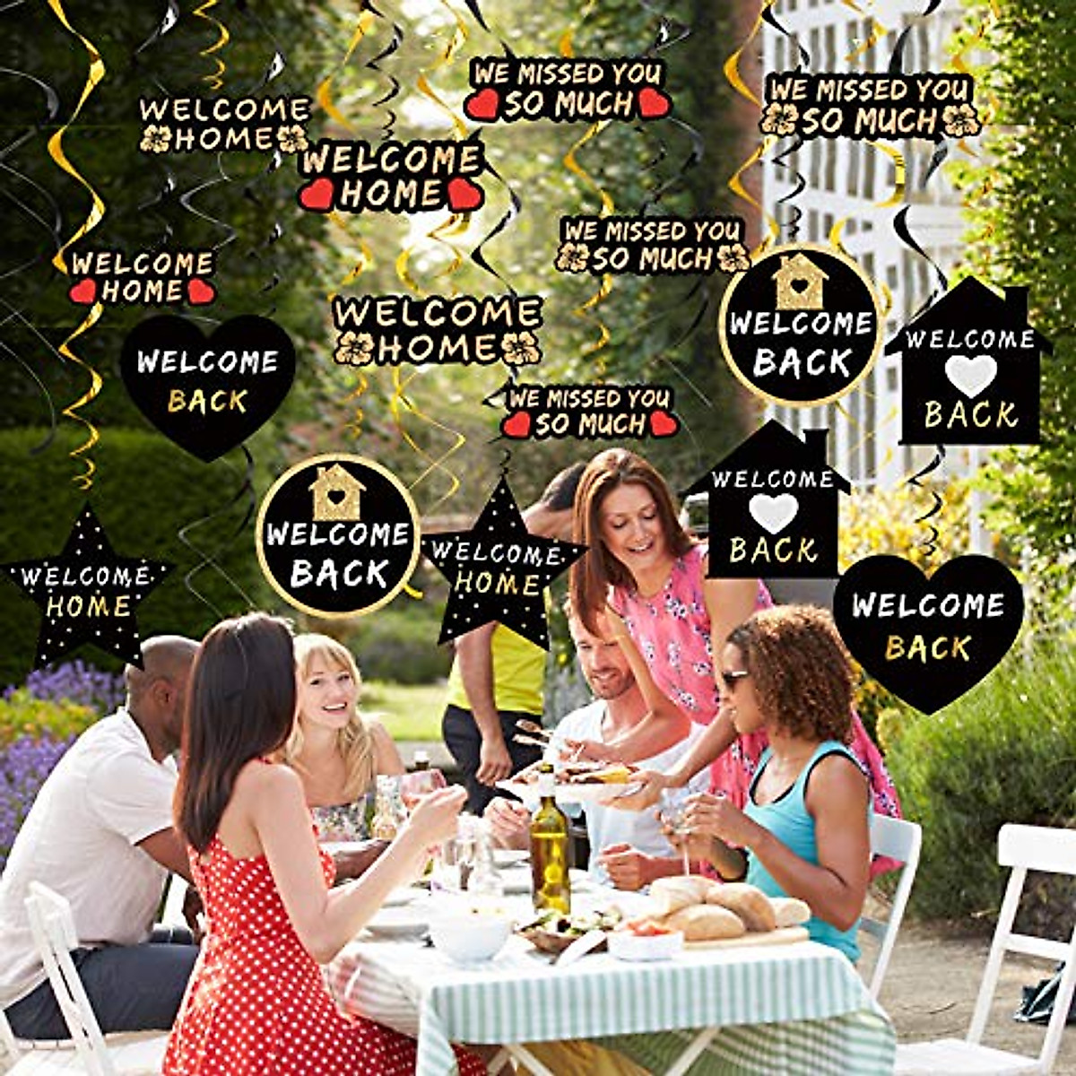 Lnlofen Welcome Home Party Hanging Swirls Decorations, 24Pcs Gold Home Welcoming Party Hanging Swirl Supplies, Homecoming Party Welcome Back Home Family Hanging Decor