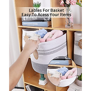 HONIZER Woven Baskets for Storage, 3-Pack Cotton Rope Storage Basket with Handles, Labels, Oval Toy Storage Bins for Cube Organizer, Stuffed Animal Storage Baskets for Shelf, Closet, Bedroom - Grey