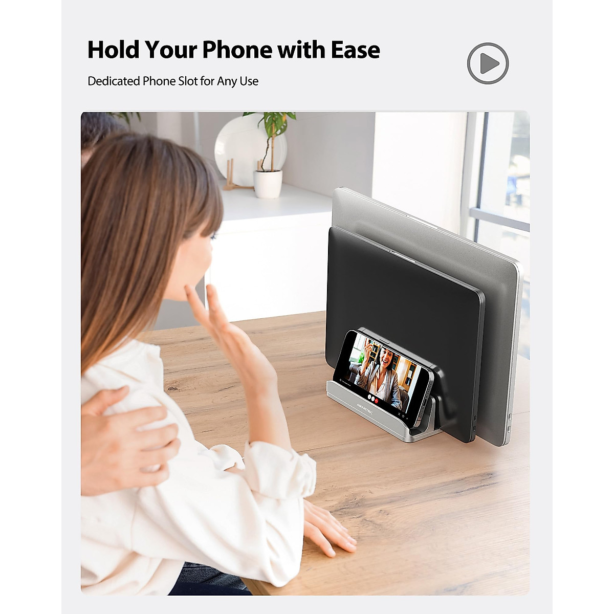 AboveTEK Vertical Laptop Stand 3 Slots for Computer, Tablet, Phone - Fits All Laptop Models (up to 17.3") - Heavy Duty Polished Aluminum Desktop Holder - Anti Slide Silicone Grips - Silver