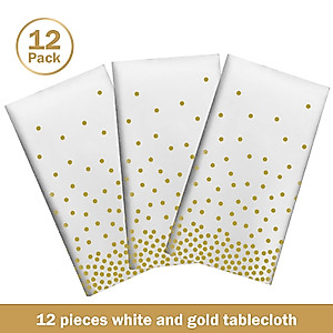 12 Pack White and Gold Dot Plastic Tablecloth, Gold Stamping Dot Confetti Rectangle Plastic Disposable Tablecloth for Birthday Wedding Baby Shower Engagement Anniversary Party Decorations, 54x108 Inch