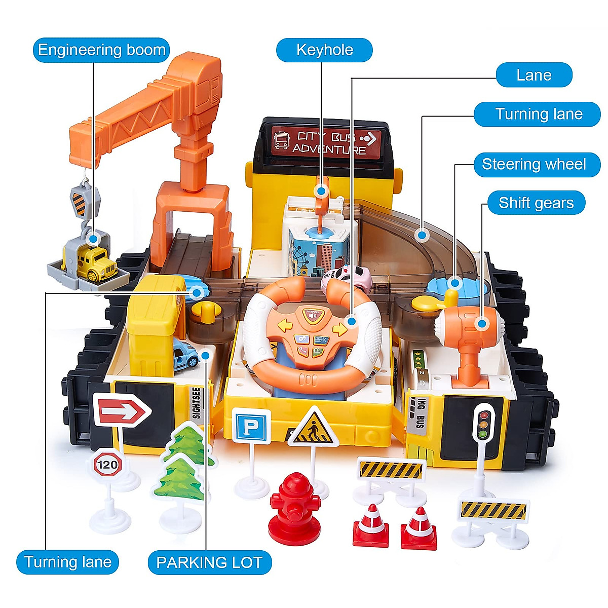 Itcaoseklu Race Track Car Adventure Bus Toys, Tranforming Bus with Sound and Light Simulation Steering Wheel,Vehicle Toy Gift for 3 4 5 6 7 8 Year Old Kids Boys Girls, Yellow