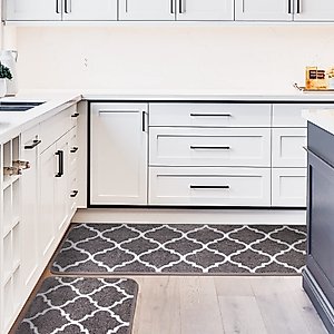 Dephora Kitchen Rugs and Mats Washable 2 Pieces Moroccan Rug Set Water Absorb Microfiber Non-Slip Rug Set for Kitchen Floor Front of Sink, Hallway, Laundry Room 17"x48"+17"x24", Grey